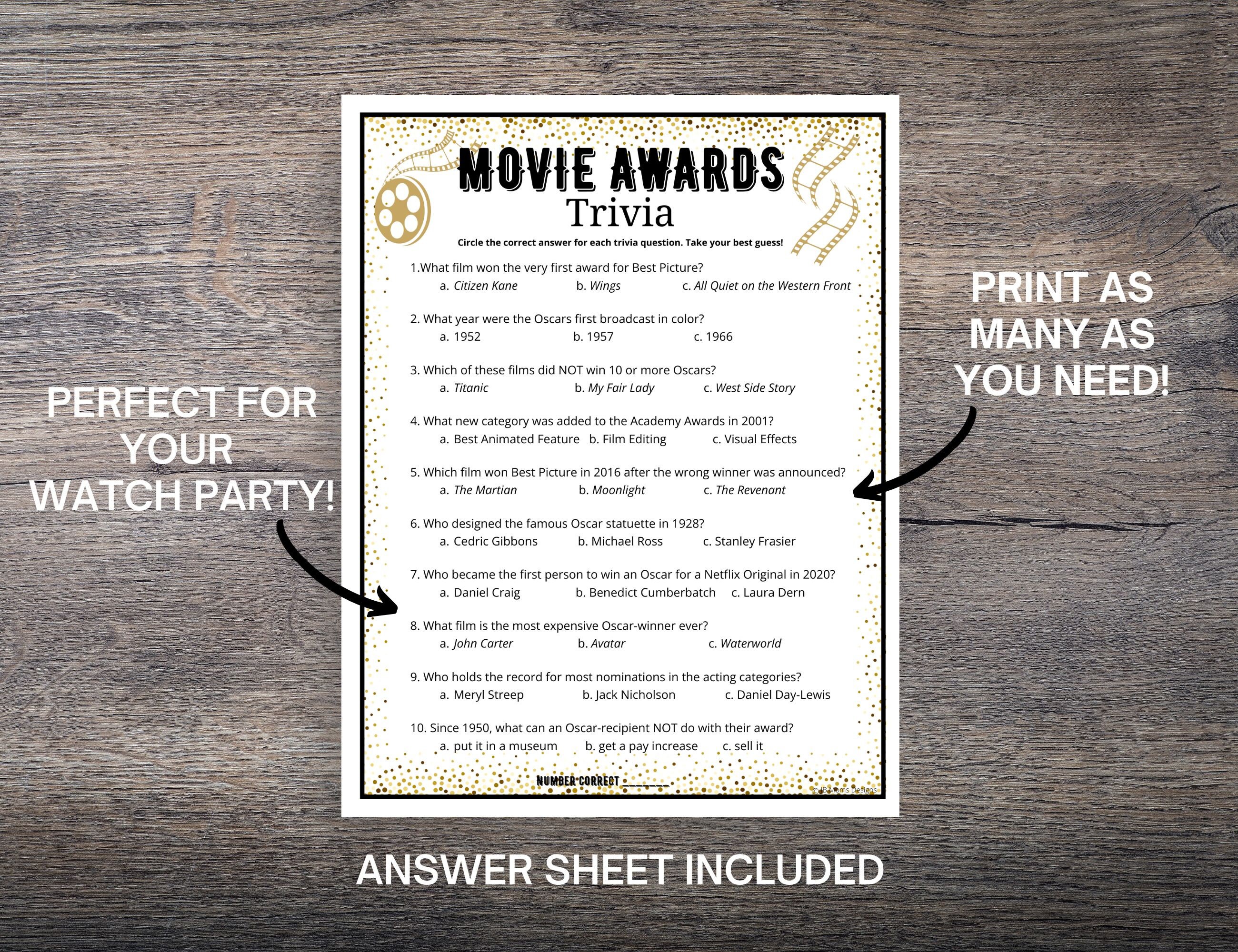 Movie Trivia Game: Hollywood Awards Party Quiz (digital Download) - Etsy