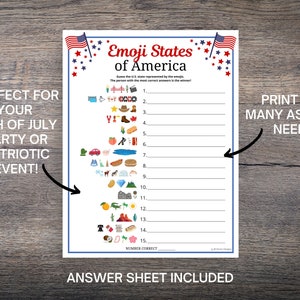 July 4th Emoji States Game: Printable Patriotic Party Activity (digital ...
