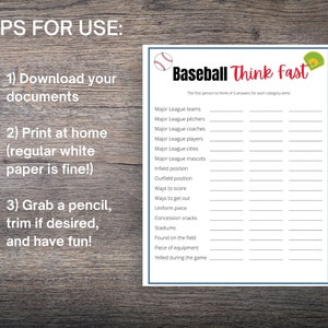 Baseball Think Fast Game, Baseball Party Printable Game, Baseball ...
