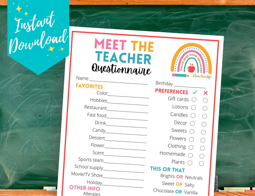 Meet the Teacher Questionnaire, Teacher Favorite Things Survey, All ...