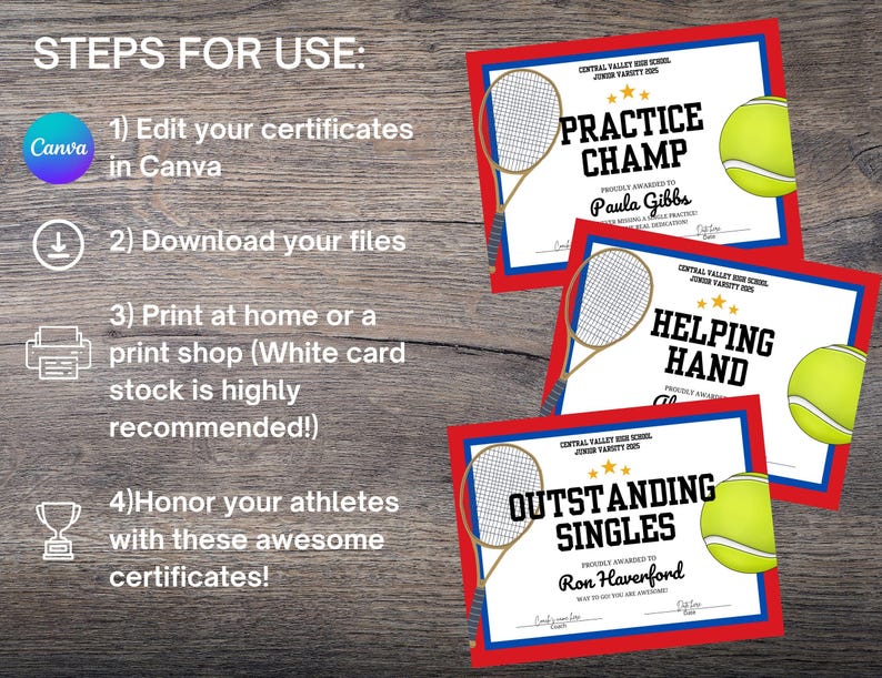 Editable Tennis Award Certificates: End of Season Team Party Awards ...