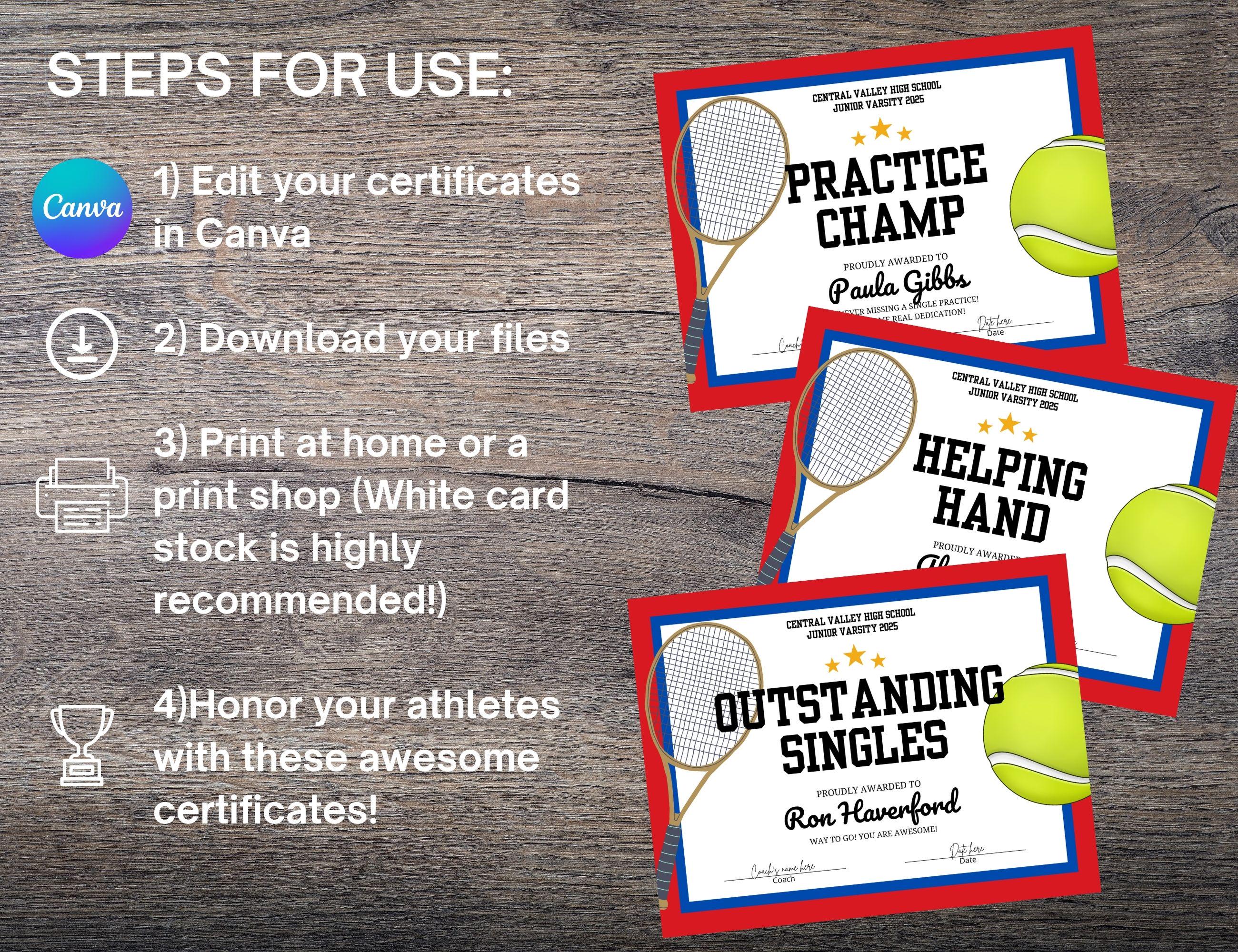 Editable Tennis Award Certificates: End of Season Team Party Awards ...