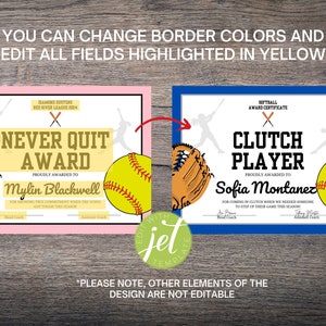 Editable Softball Award Certificates, Softball Team Awards, Softball ...