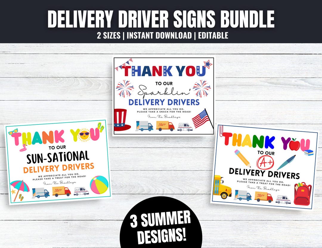 Summer Delivery Driver Signs Bundle, Editable Delivery Driver Thank You ...