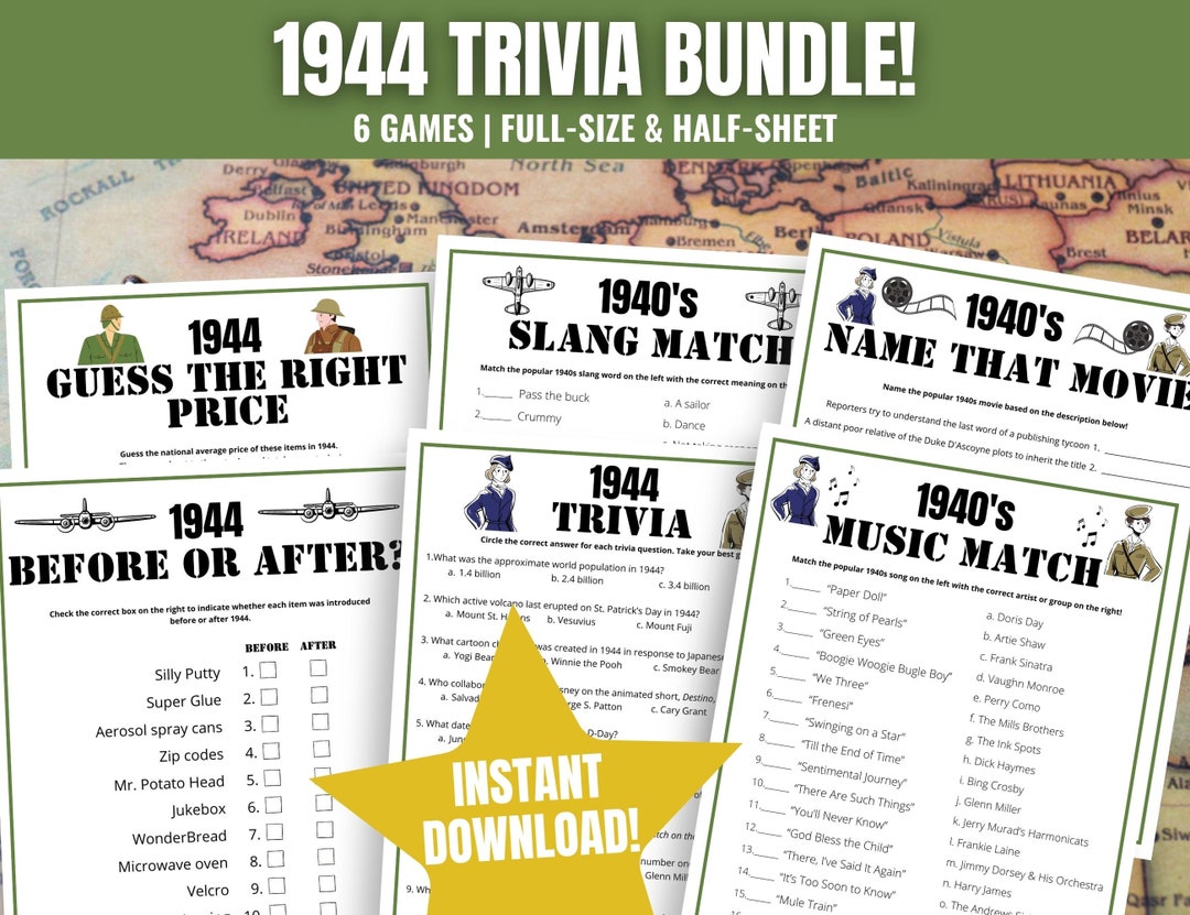 1944 TRIVIA Games BUNDLE, Fun 1944 Questions & Answers, Printable 1940s ...