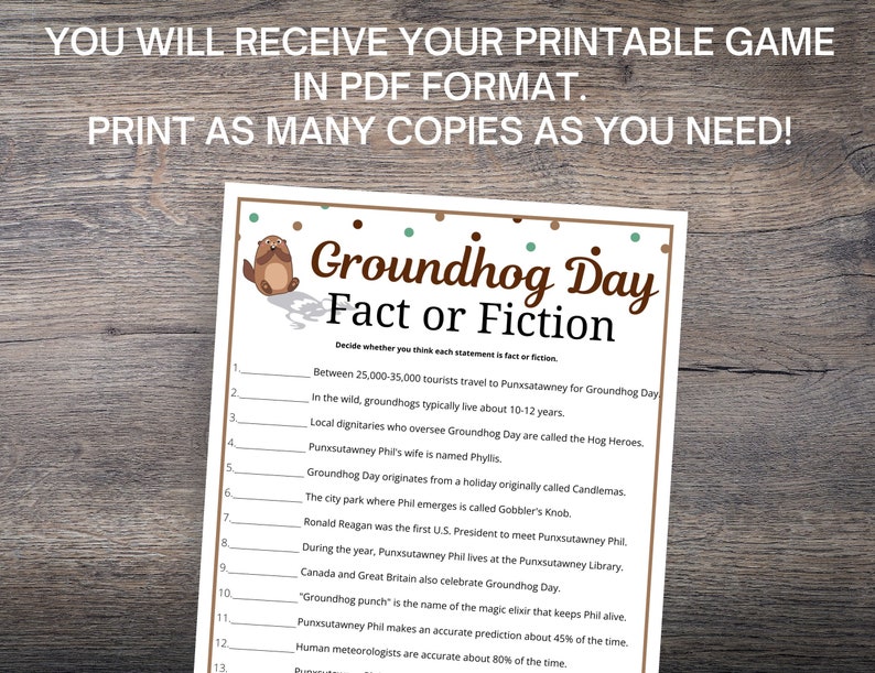 Groundhog Day Fact or Fiction Trivia Game (PDF) - Etsy