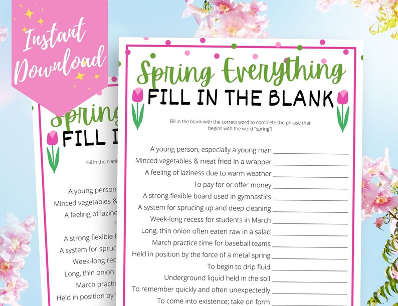 Spring Fill in the Blank Word Game Fun Spring Party Game - Etsy