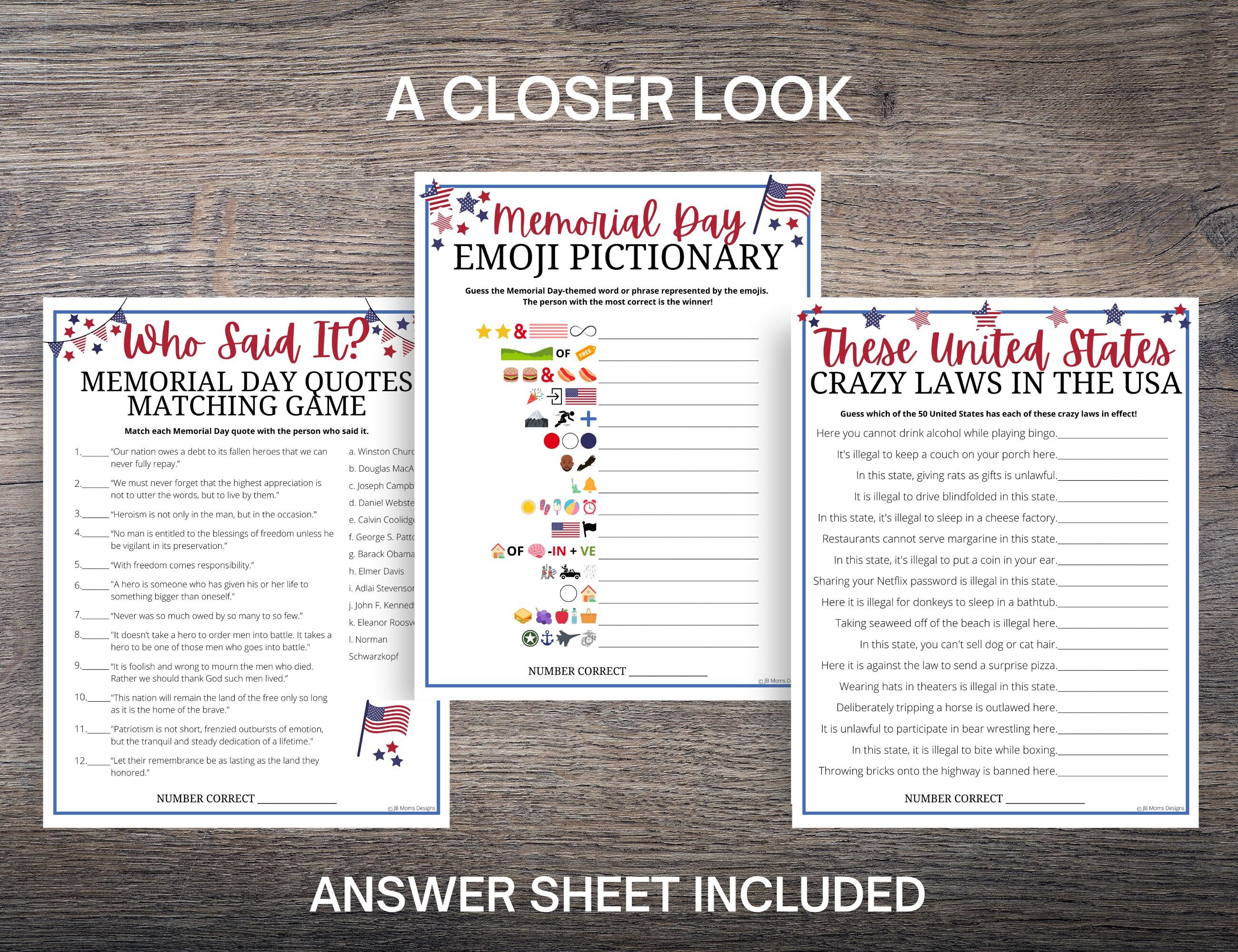 Memorial Day 4-game TRIVIA BUNDLE Fun Memorial Day Trivia - Etsy