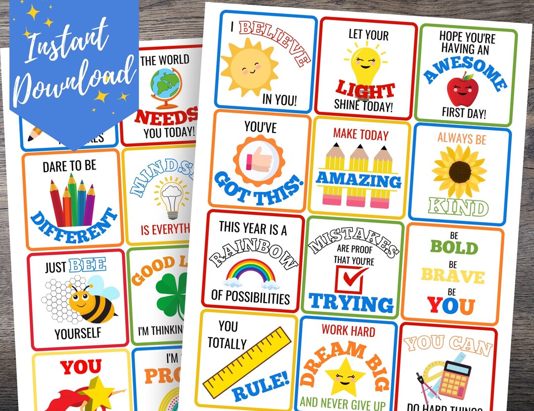 Back to School Lunch Box Notes for Kids, First Day of School Lunchbox ...