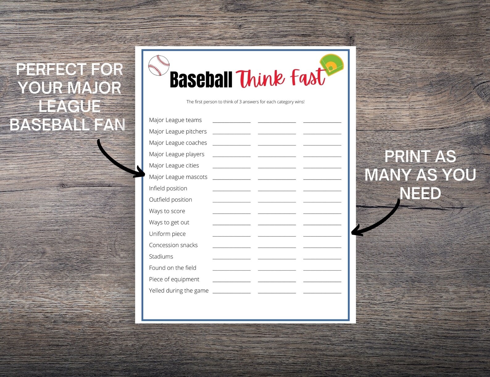Baseball Think Fast Game Baseball Party Printable Game - Etsy