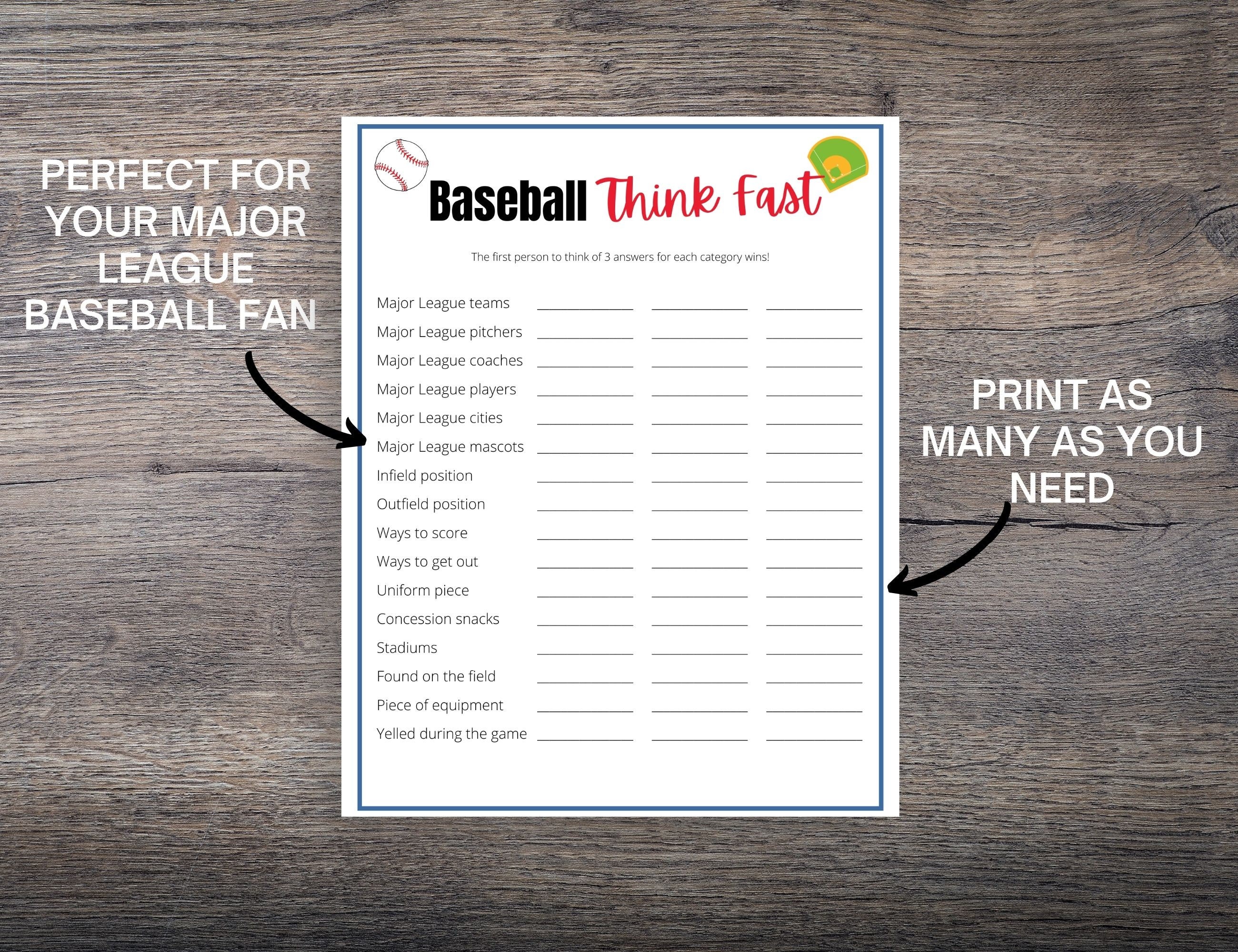 Baseball Think Fast Game Baseball Party Printable Game - Etsy