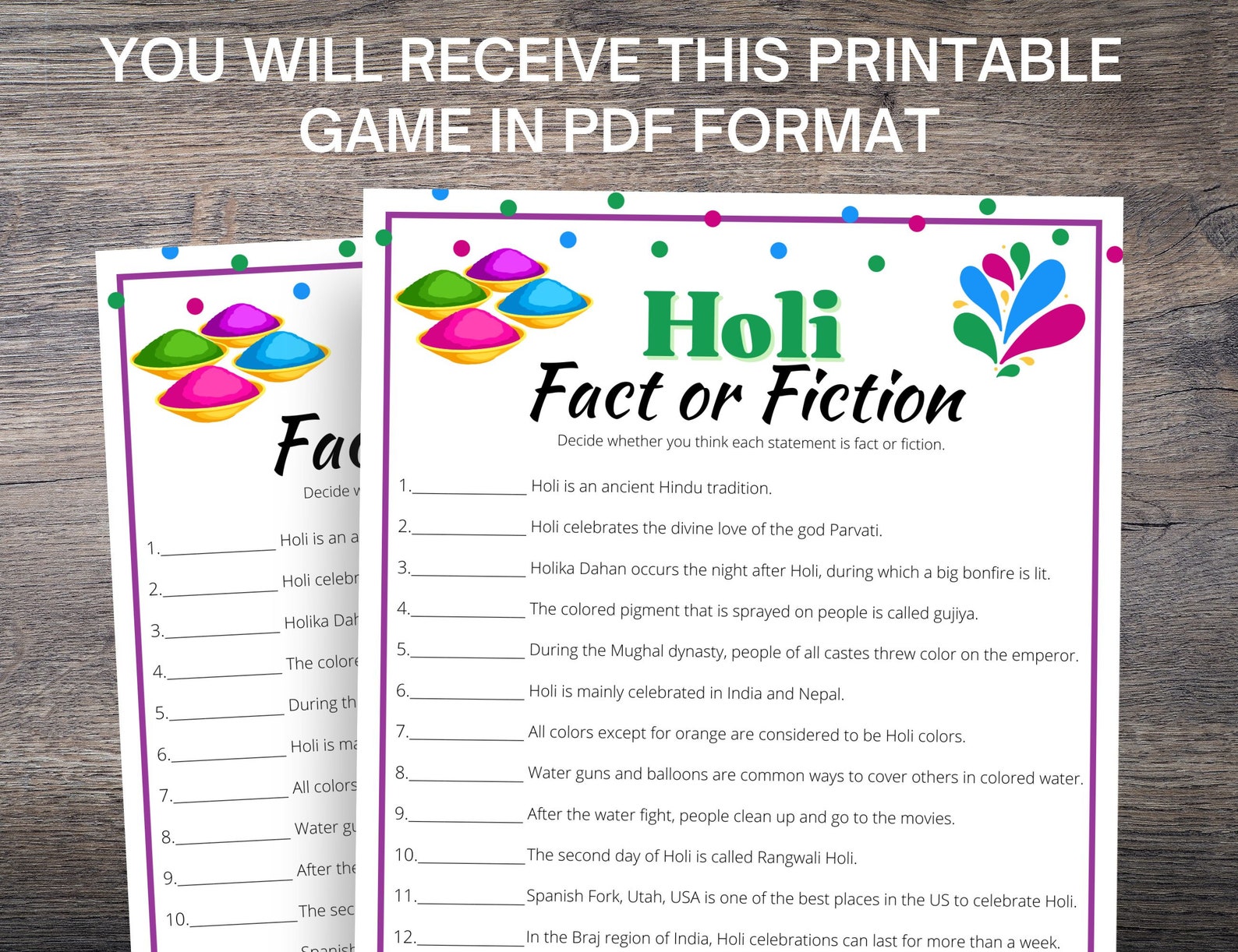 Holi Fact or Fiction Trivia Game Fun Holi Quiz Game How to - Etsy