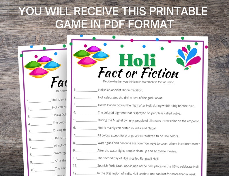 Holi Fact or Fiction Trivia Game Fun Holi Quiz Game How to - Etsy