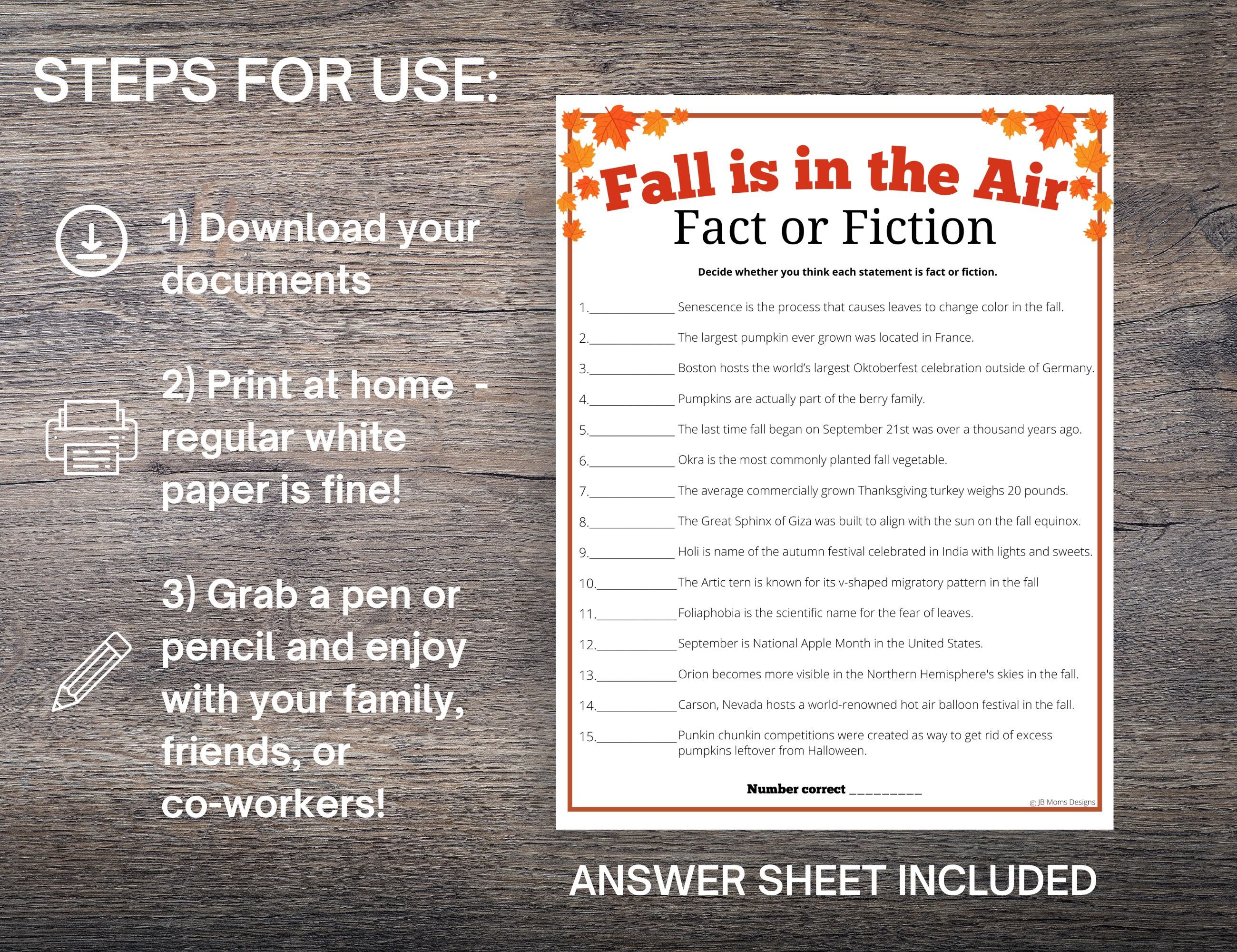 Fall Fact or Fiction Trivia Game: Printable Autumn Activity (PDF) - Etsy