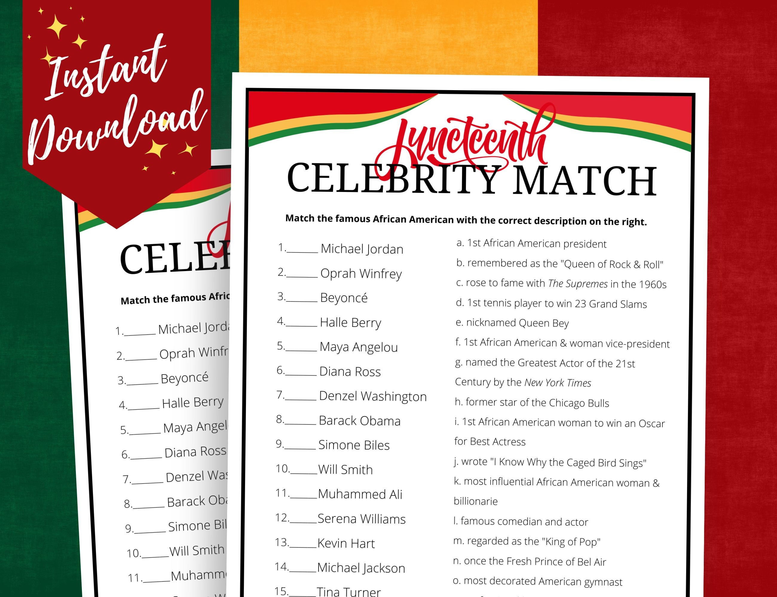 Juneteenth Celebrity Matching Game Fun Juneteenth Activity - Etsy