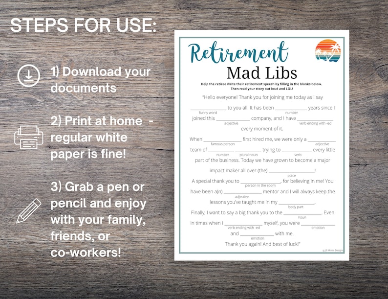 Retirement Speech Mad Libs Game: Fun Party Activity (digital Download ...