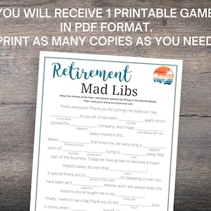 Retirement Speech Mad Libs Game: Fun Party Activity (digital Download ...