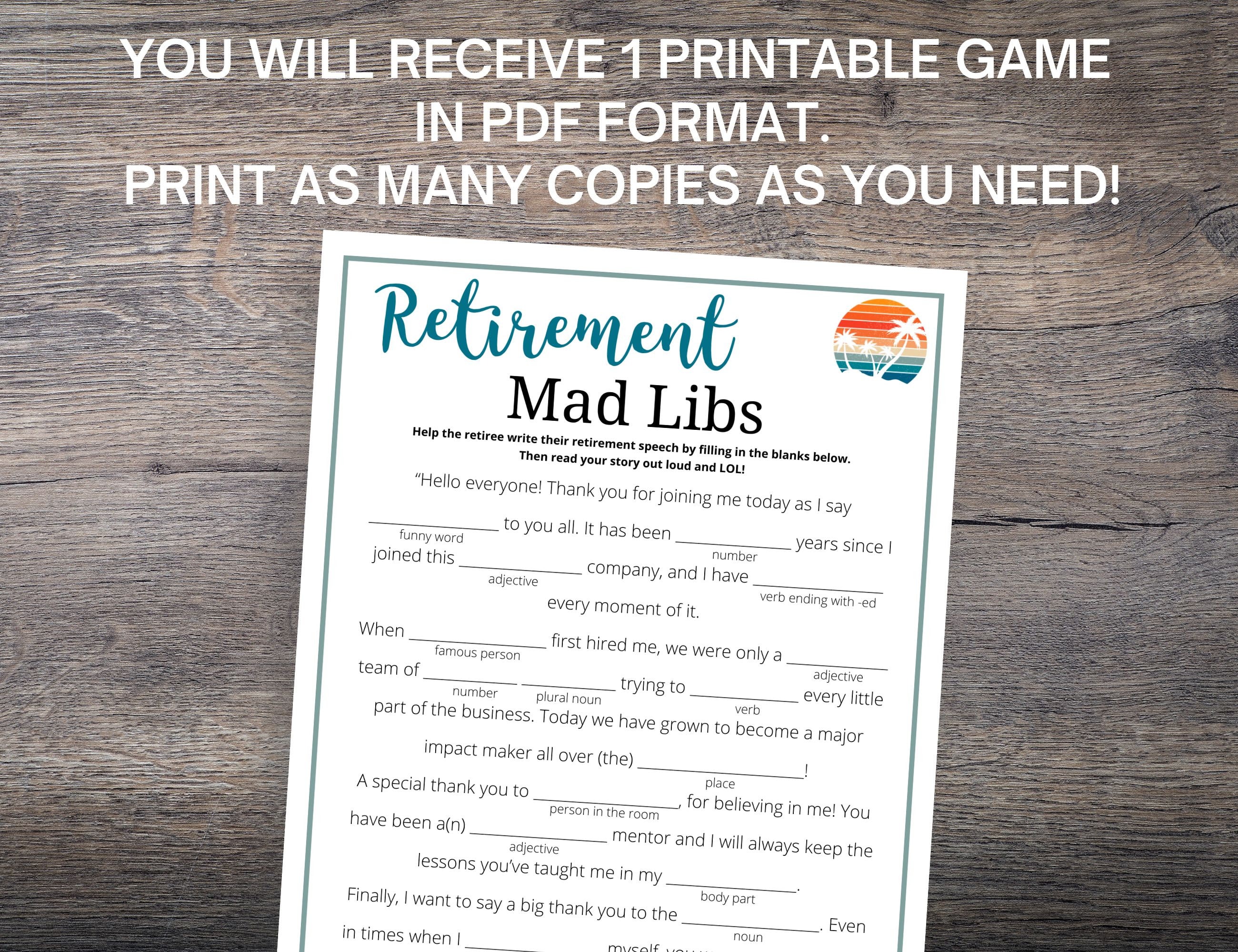 Retirement Speech Mad Libs Game: Fun Party Activity (digital Download ...