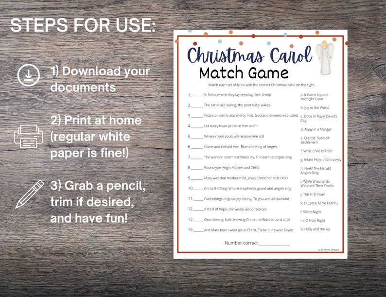 Christmas Carol Match Game: Bible Trivia Holiday Activity (printable ...