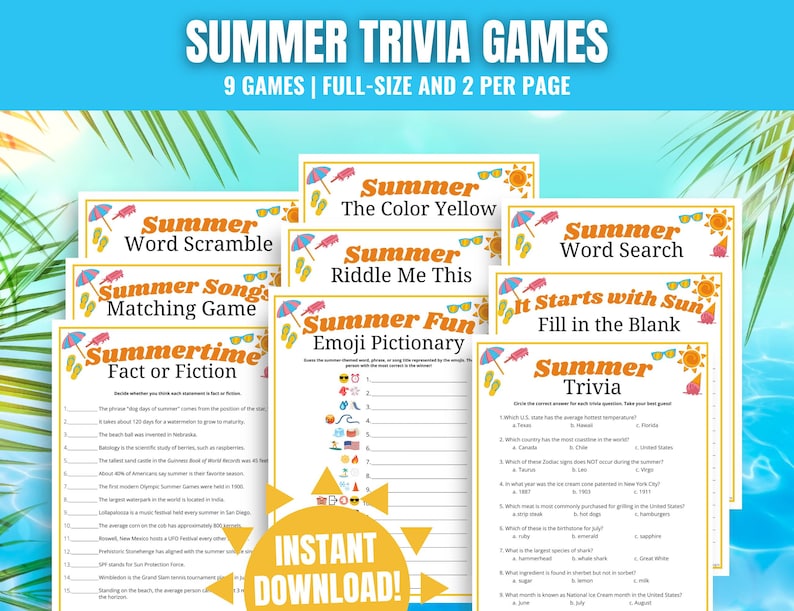 Summer Trivia Games Bundle: Fun Printable Activities (digital Download ...
