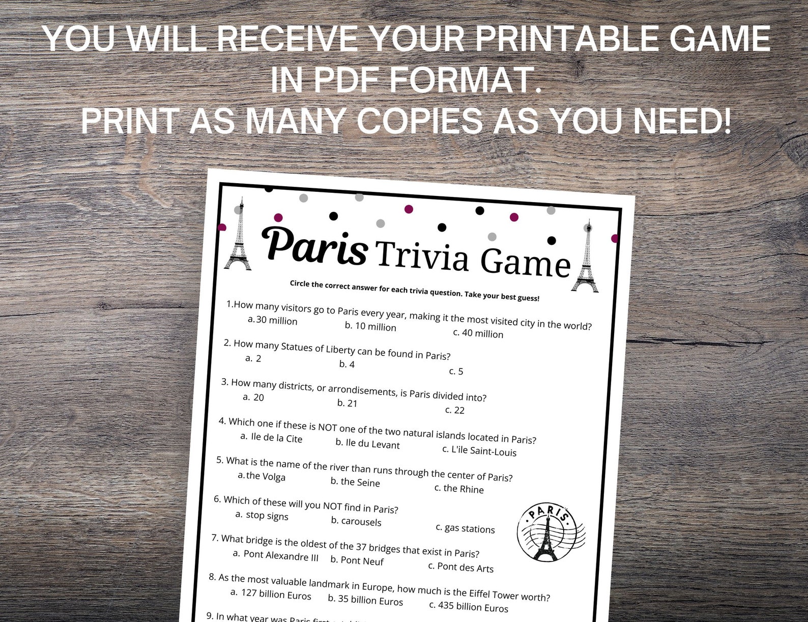 Paris Trivia Game: Fun French Party Quiz (digital Download) - Etsy