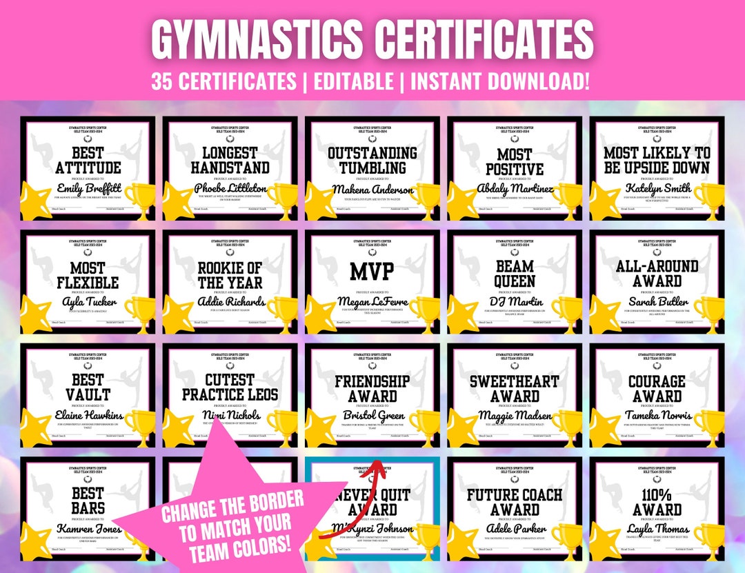 Editable Gymnastics Award Certificates: Team Party End of Season Awards ...