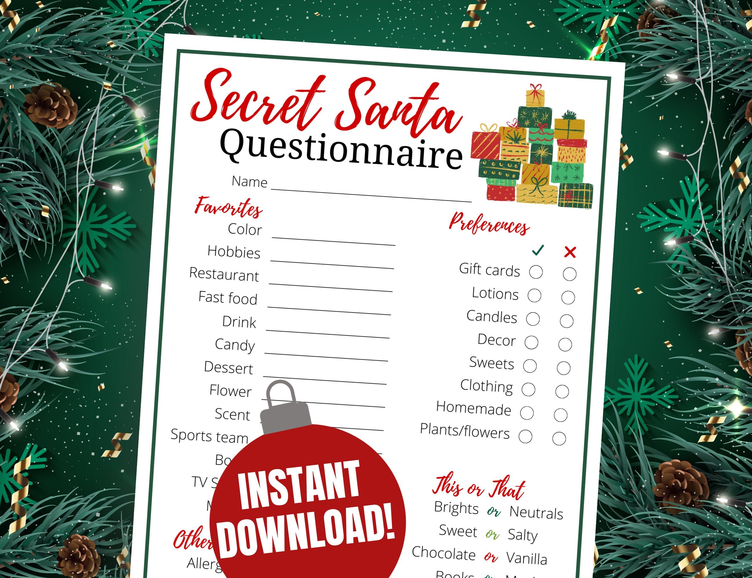 Secret Santa Questionnaire, Gift Exchange Form (digital Download) - Etsy