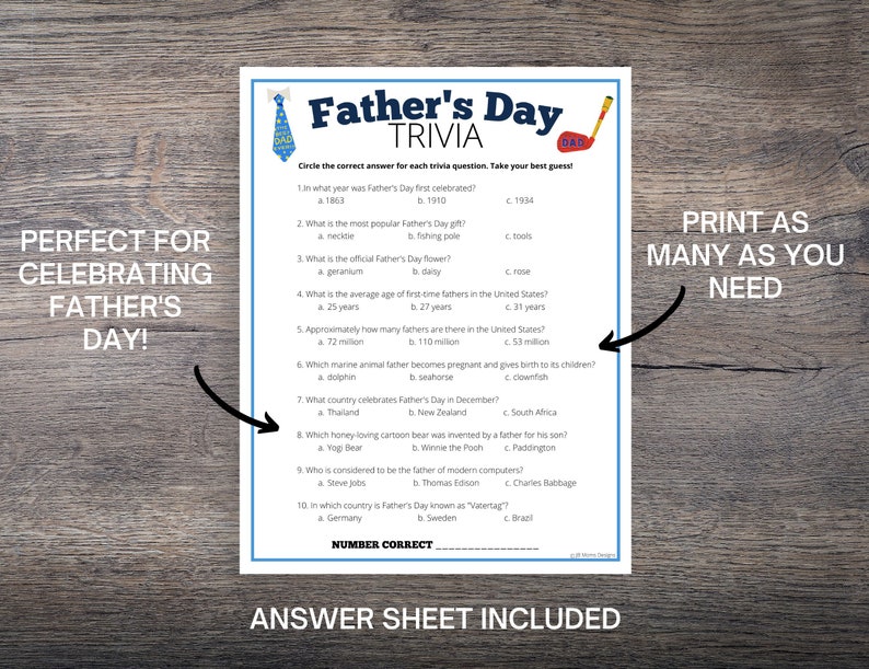 Father's Day Trivia Game Printable for Kids & Adults - Etsy