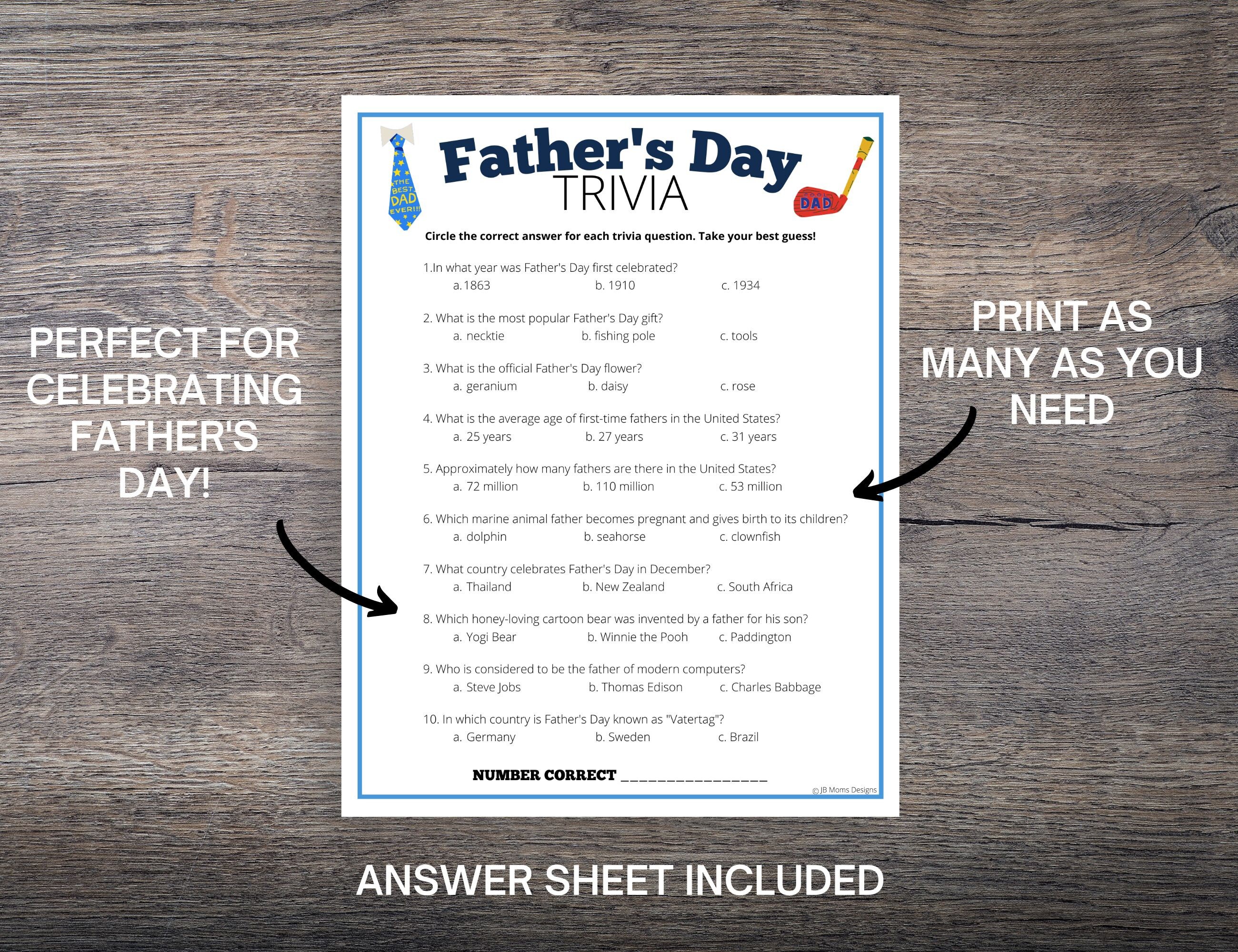 Father's Day Trivia Game Printable for Kids & Adults - Etsy