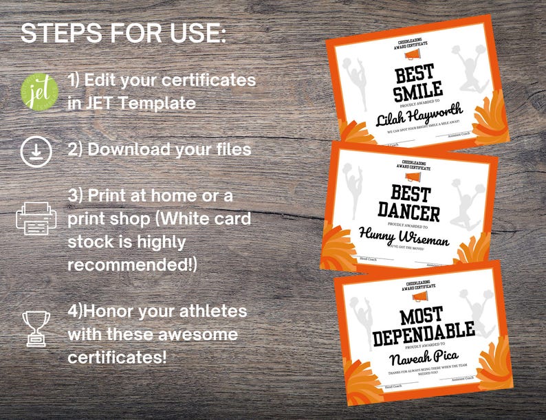 Editable Cheerleading Award Certificates: Cheer Team Awards With Orange ...