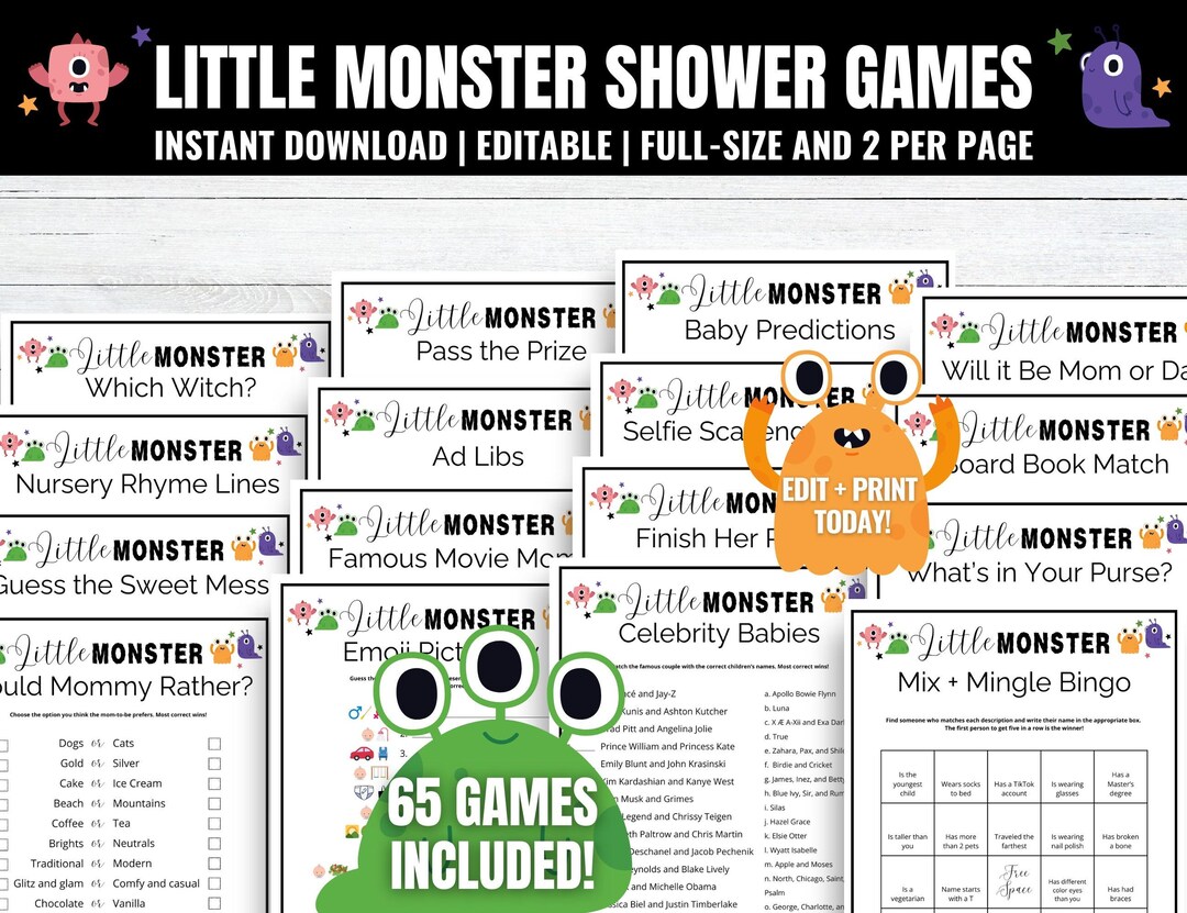 Little Monster Shower Games Bundle: 65 Halloween Baby Shower Activities ...