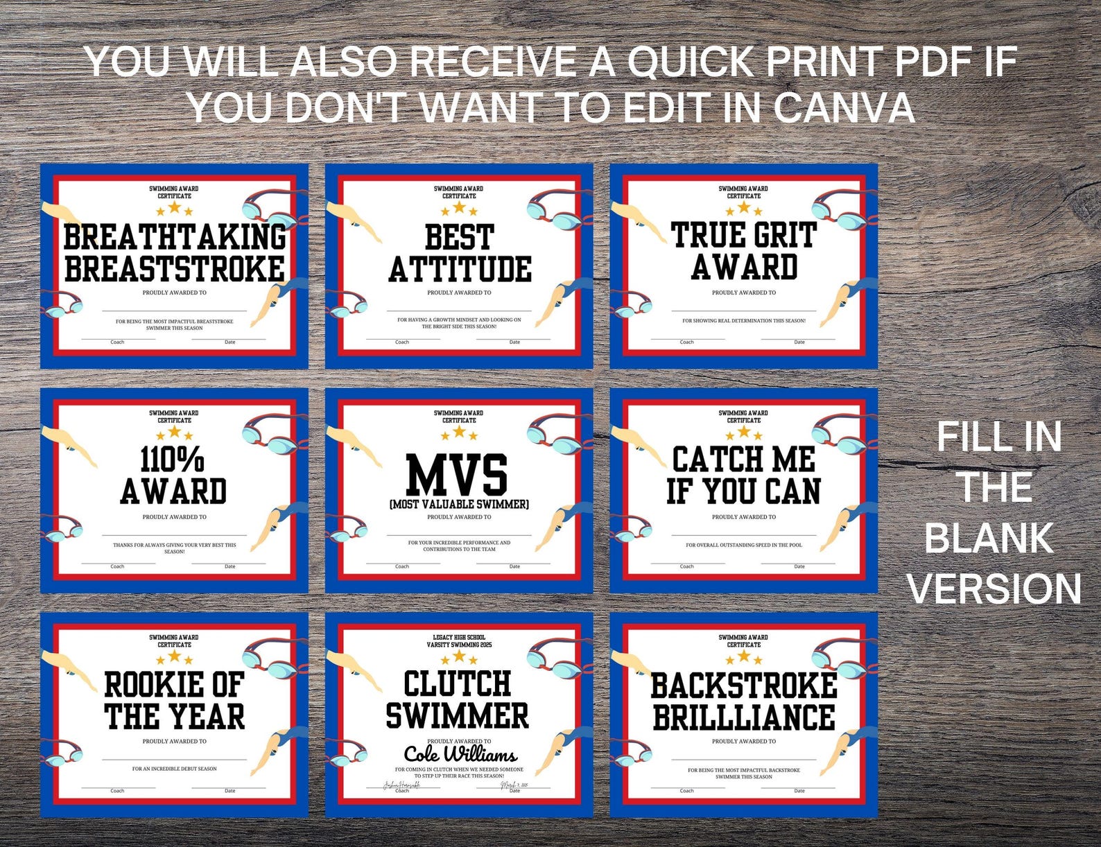 Editable Swim Team Awards: 70+ Printable Certificates (digital Download ...