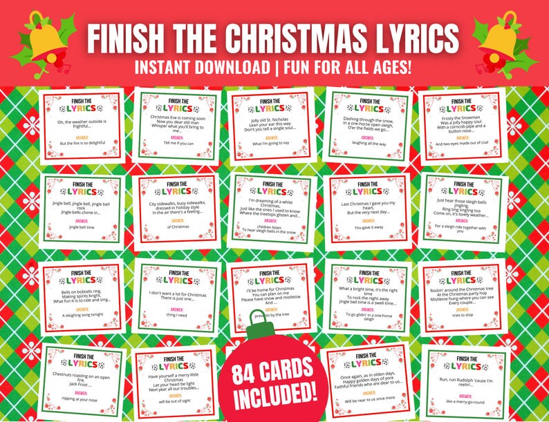 Christmas Carols Finish the Lyrics Game: Fun Holiday Trivia (printable ...