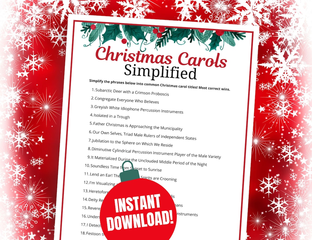Christmas Carols Printable Game for Adults, Challenging Christmas Game ...