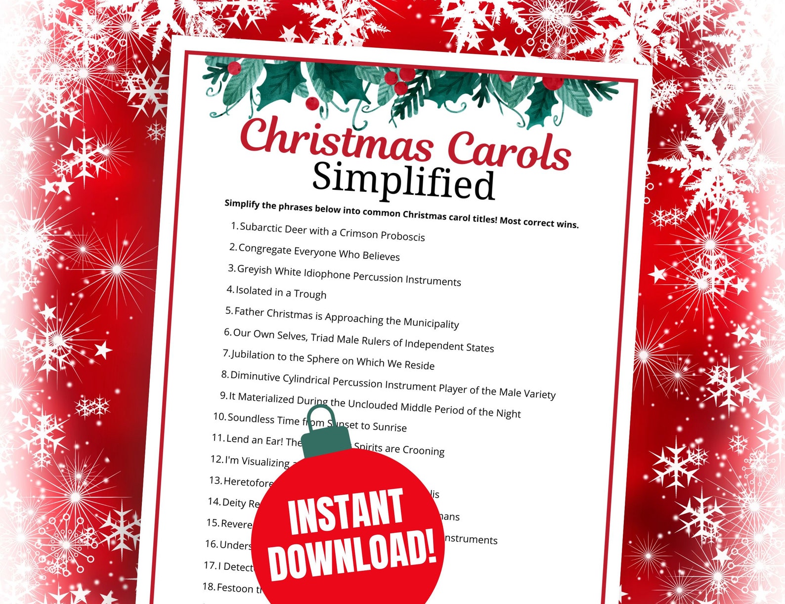 Christmas Carols Game: Challenging Music Trivia Activity (printable PDF ...
