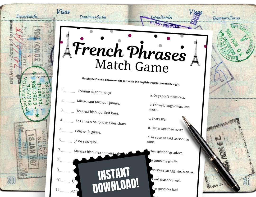 Paris Party Game: French Phrases Matching Quiz (PDF Download) - Etsy