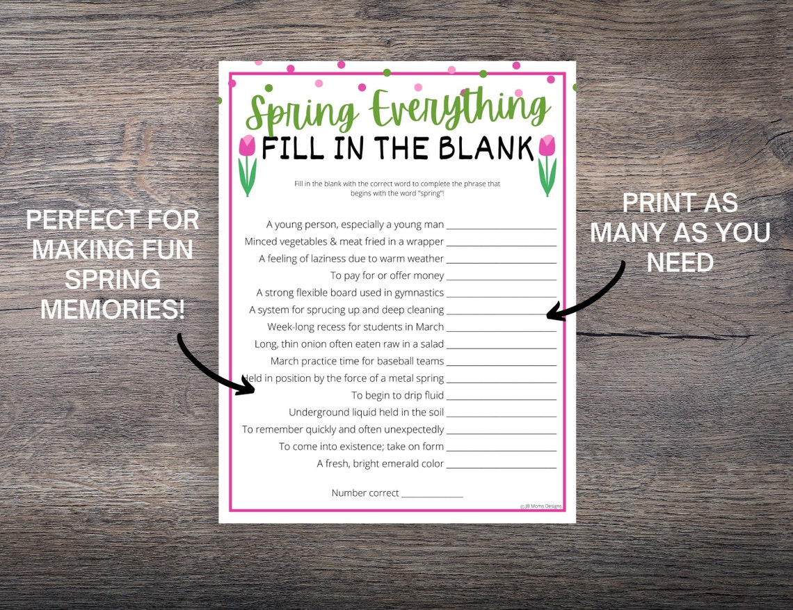 Spring Fill in the Blank Word Game Fun Spring Party Game - Etsy