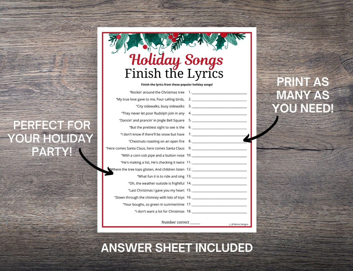 Christmas Song Lyrics Game: Holiday Party Fun Activity (printable PDF ...