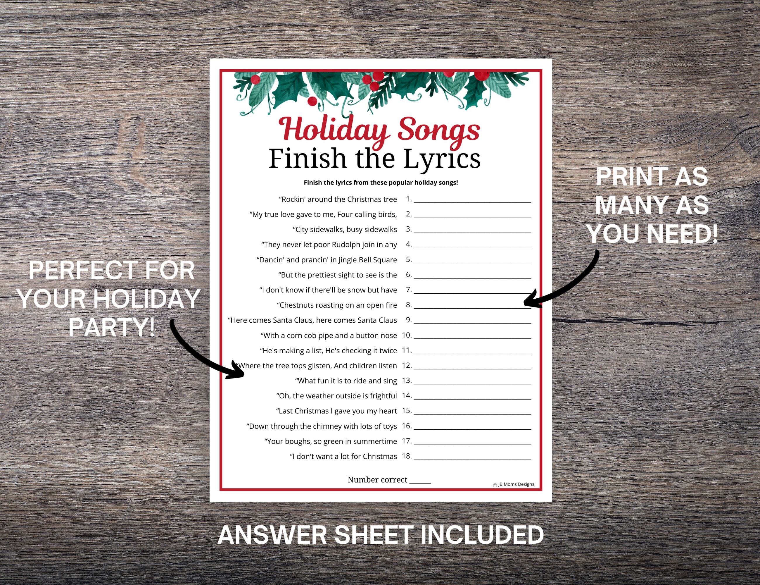 Christmas Song Lyrics Game: Holiday Party Fun Activity (printable PDF ...