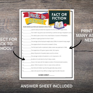Back to School Fact or Fiction Trivia Game, First Day of School Game ...