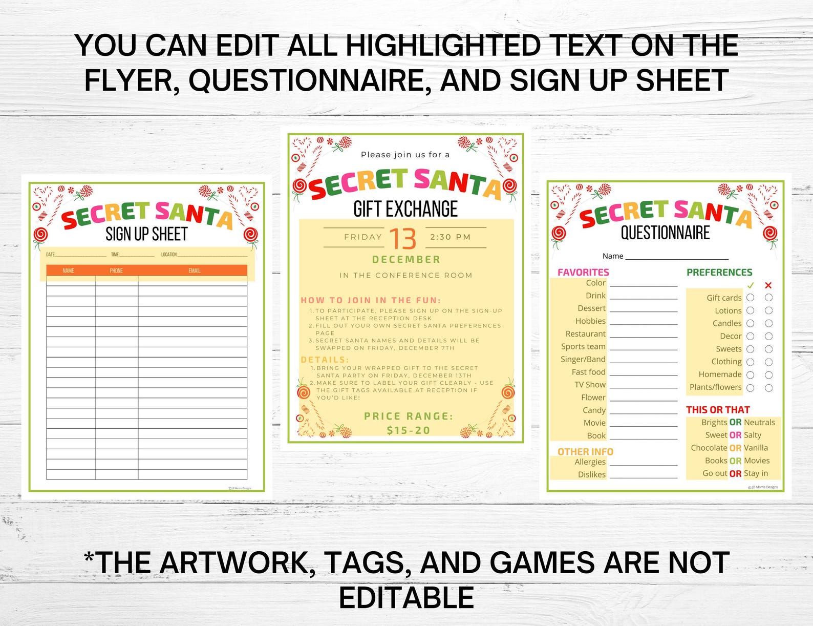 Secret Santa Gift Exchange Kit: Printable Questionnaires, Gift Tags and ...