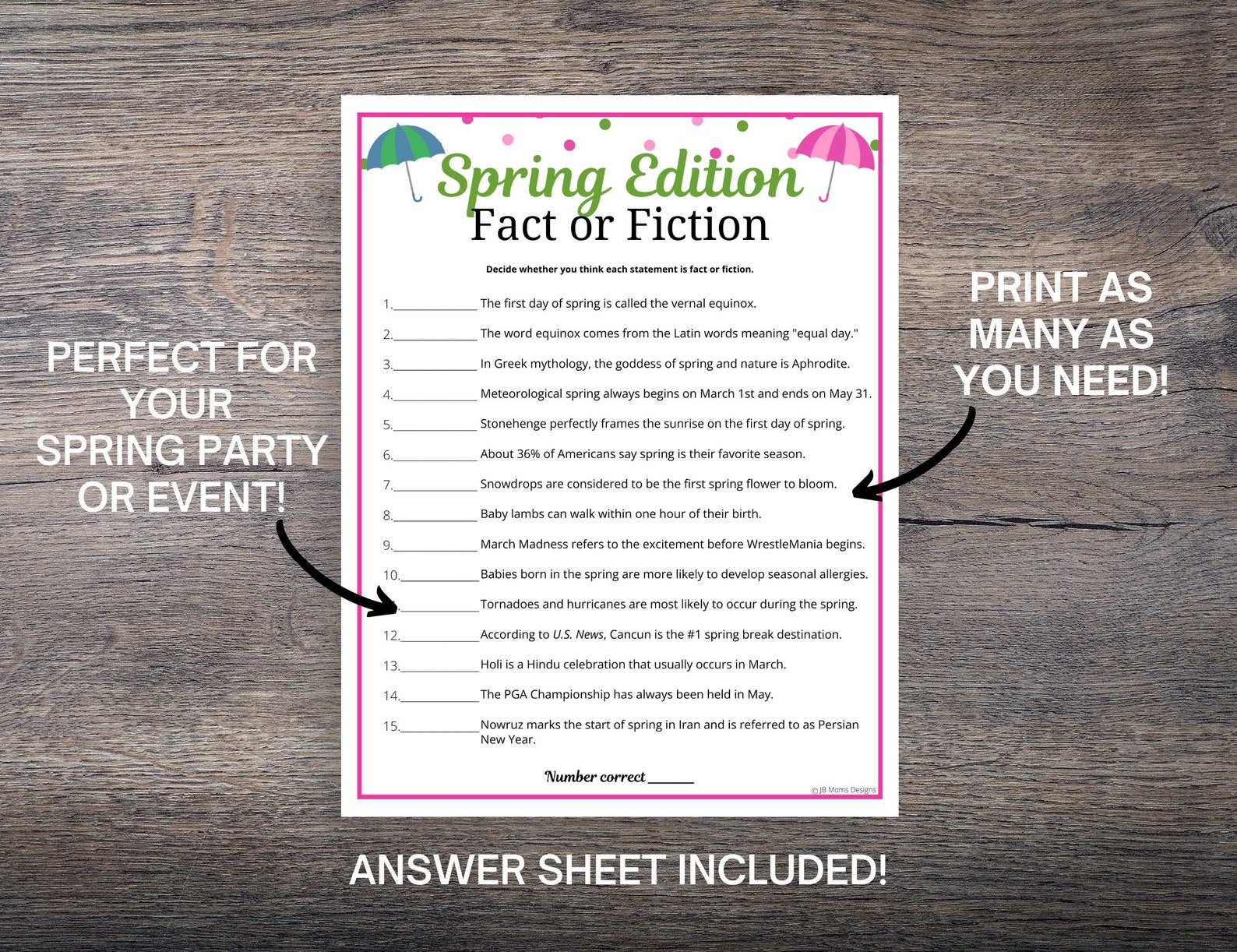 Spring Fact or Fiction Trivia Game, Fun Spring Quiz for Adults, Seniors ...