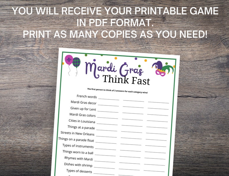 Mardi Gras Think Fast Game: Printable Party Fun (digital Download) - Etsy