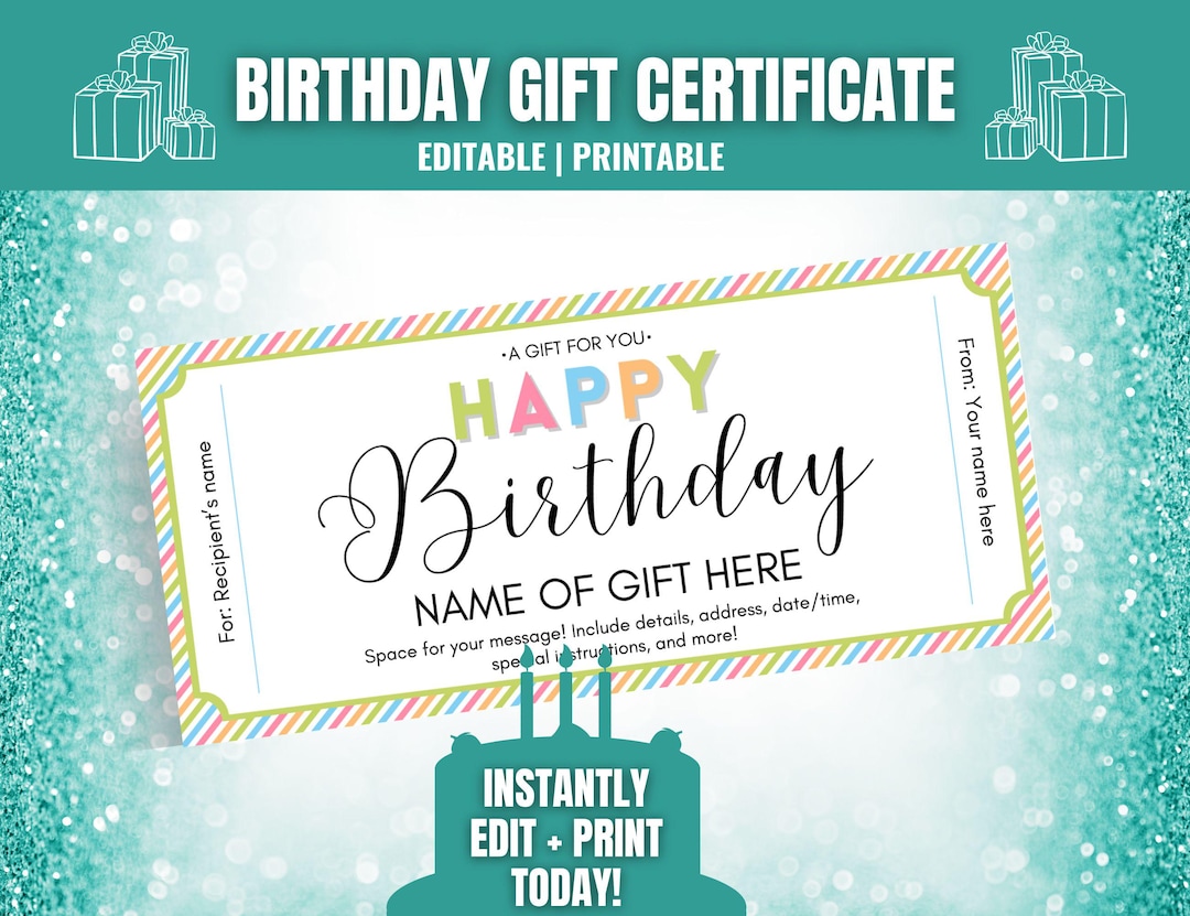 Editable Birthday Gift Certificate: Printable Birthday Coupon - Etsy