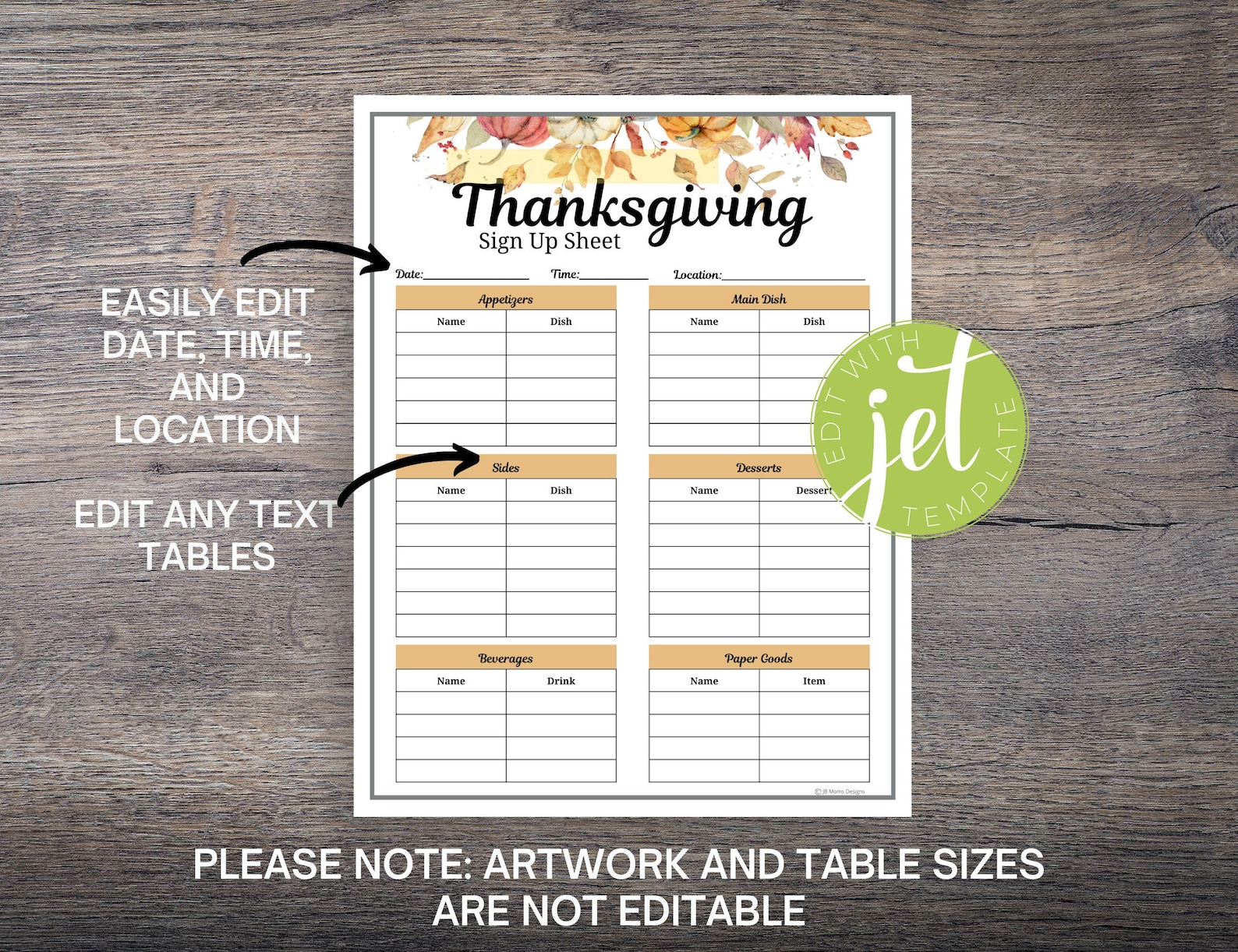 Thanksgiving Potluck Sign-up Sheet: Dinner, Church, Office (PDF ...