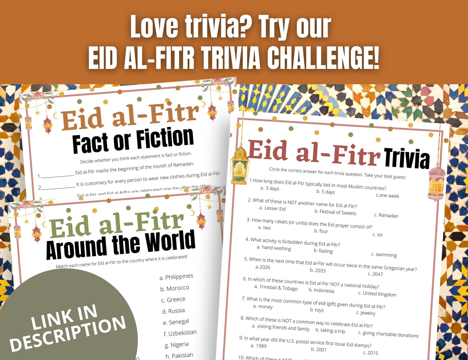 Eid Al-fitr Trivia Game: Printable Quiz (digital Download) - Etsy