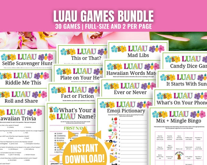 Luau Party Game Bundle, Printable Luau Games, Luau Party Games for ...