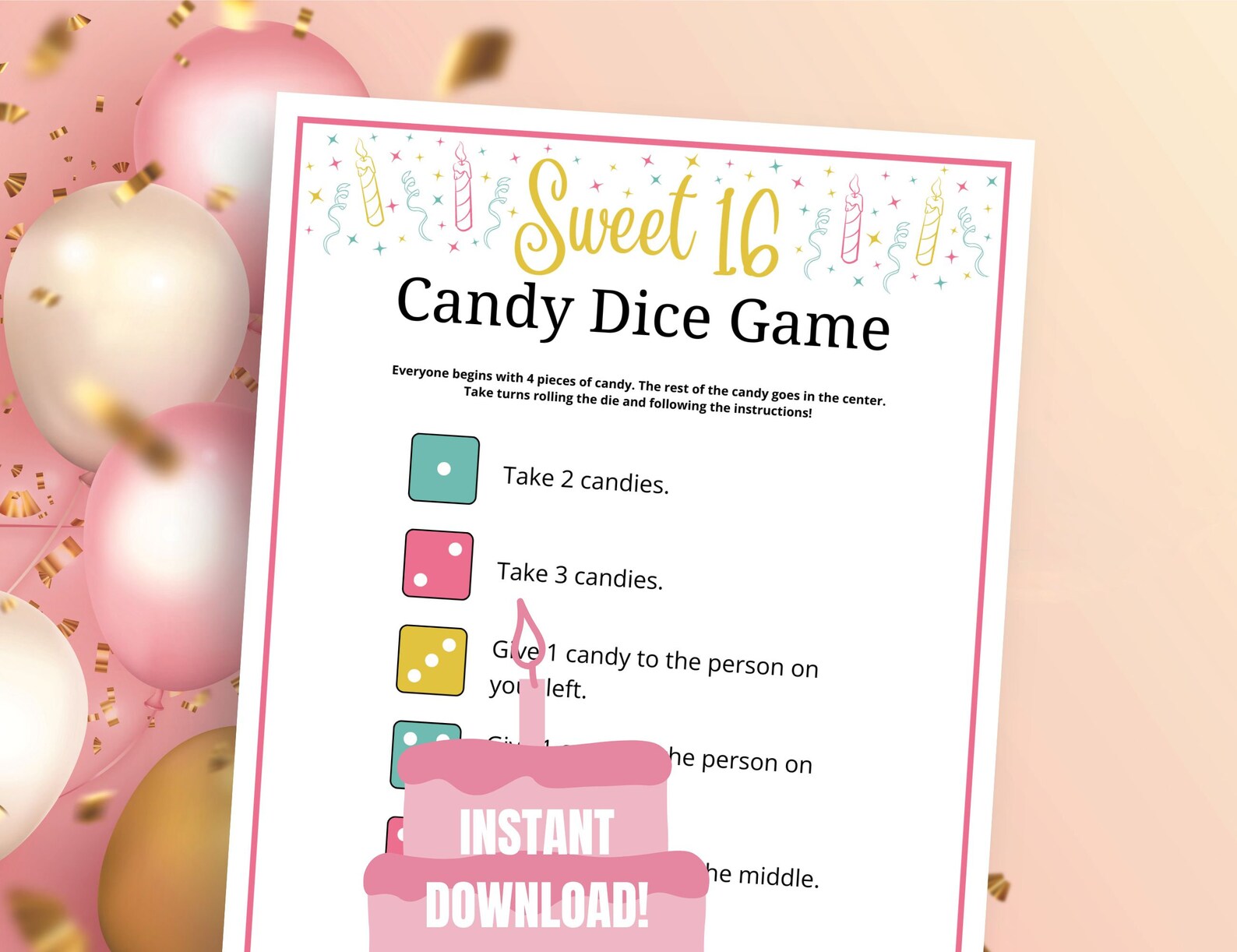 Sweet 16 Candy Dice Game, Sweet 16 Party Game Printable for Her, Sweet ...