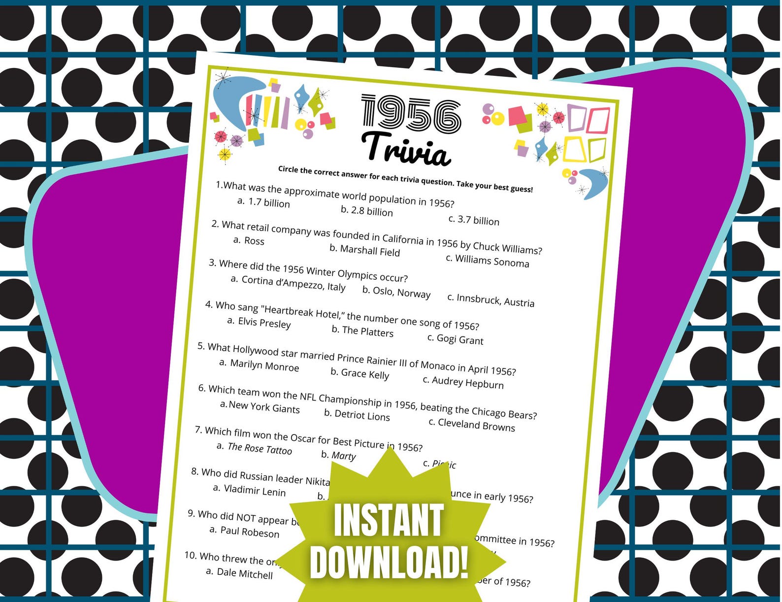 1956 Trivia Game: 70th Birthday Party, 50s Theme (instant Download) - Etsy