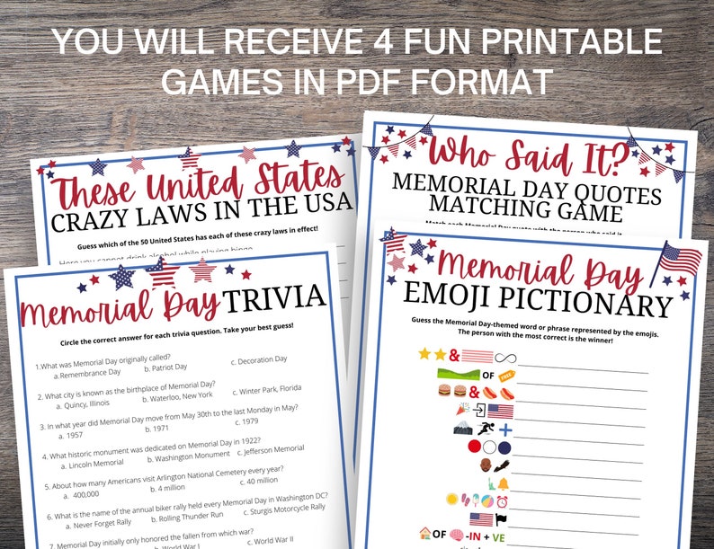 Memorial Day 4-game TRIVIA BUNDLE Fun Memorial Day Trivia - Etsy